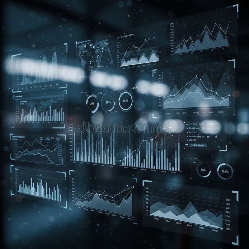 Digital Interface Displaying Various Data Visualizations on a Transparent Screen. Stock ...