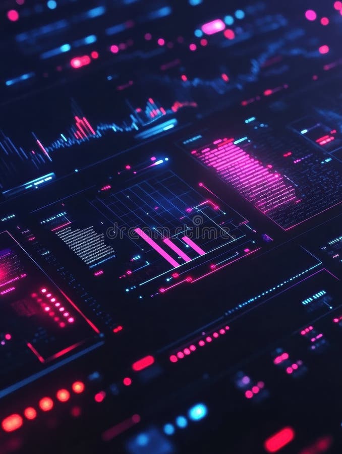 Digital Interface Displaying Vibrant Data Analysis in Neon Colors at a Tech Focused Space ...