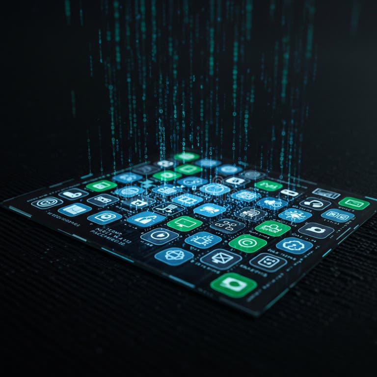 A Digital Interface Displays a Futuristic Design with a Grid of App ...