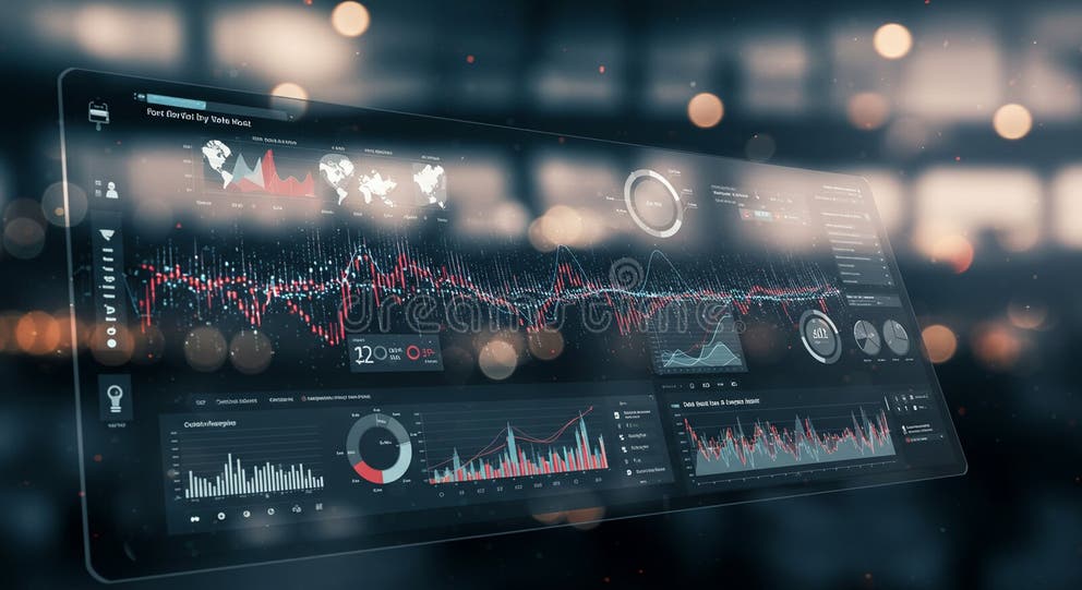 A Digital Interface Displays Various Data Visualizations, Including Line Graphs, Bar Stock ...