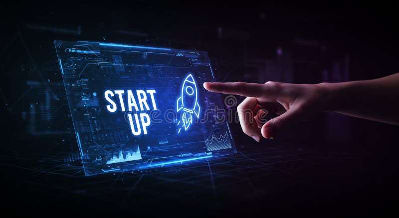A Digital Interface Displays the Word "START UP" Alongside a Rocket ...