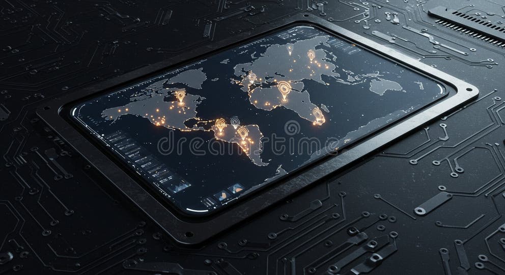 A Digital Interface Embedded in a Dark Circuit Board Surface Displays a ...