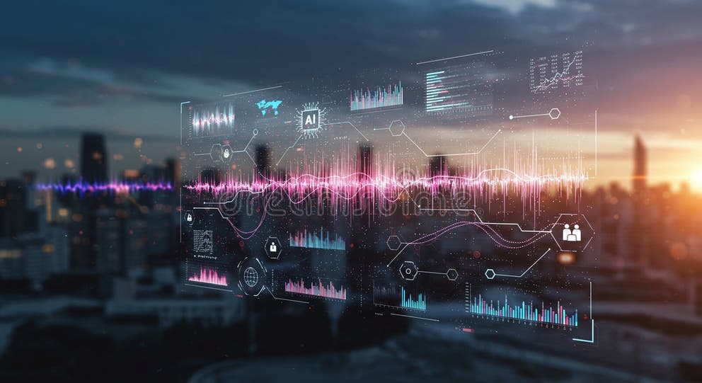 Digital Interface Featuring Data Visualizations, Graphs, and Charts Over a Blurred Stock ...