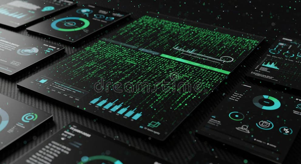 Digital Interface Featuring Multiple Dark-themed Panels with Data ...