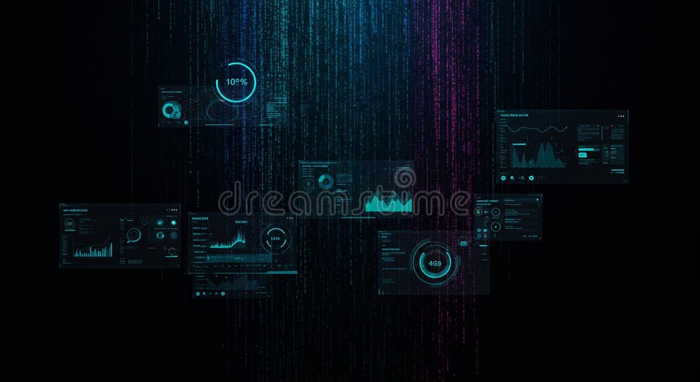 Digital Interface Featuring Multiple Translucent Screens Displaying ...