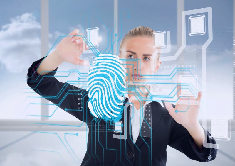 Digital Interface with Fingerprint Biometric Scanner Over Businesswoman ...