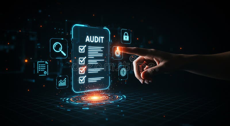 A Digital Interface with a Futuristic Design Displays the Word "AUDIT ...