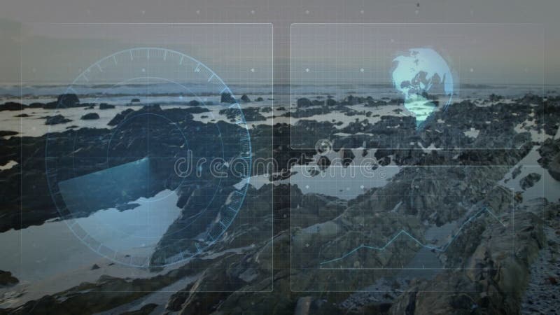 Digital Interface with Globe and Radar Animation Over Rocky Coastal ...