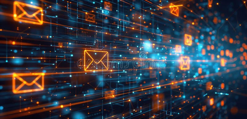 Digital Interface with Glowing Email Icons and Data Lines on a Dark ...