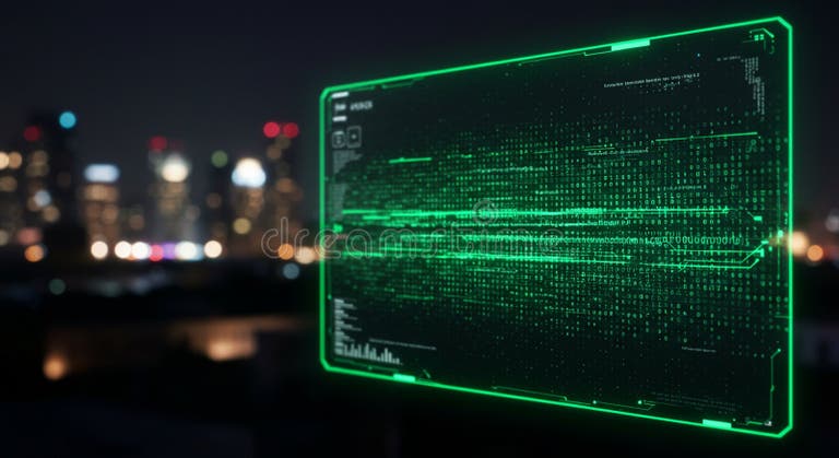 Digital Interface with Green Code and Graphics Floats Against a Blurred ...
