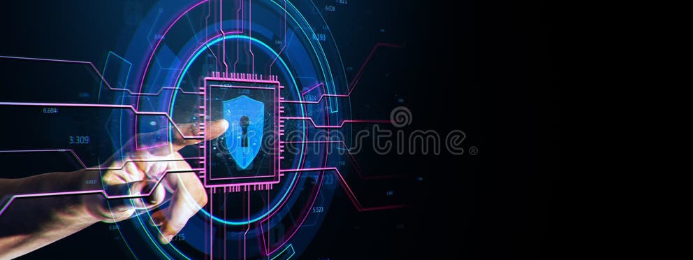 Digital Interface with Hand Pressing Lock Icon, Shield Symbolizing ...