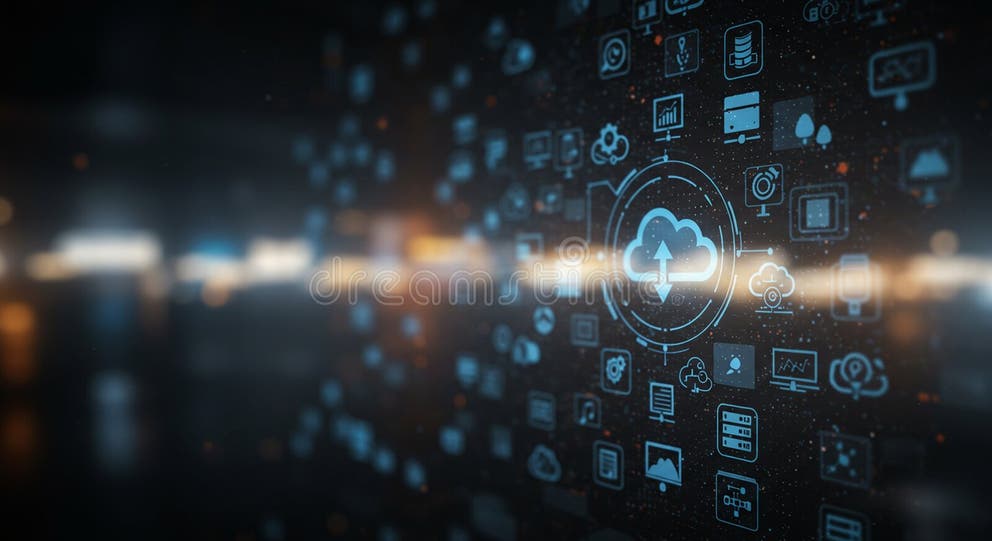 Digital Interface with Holographic Icons Depicting Cloud Computing and ...