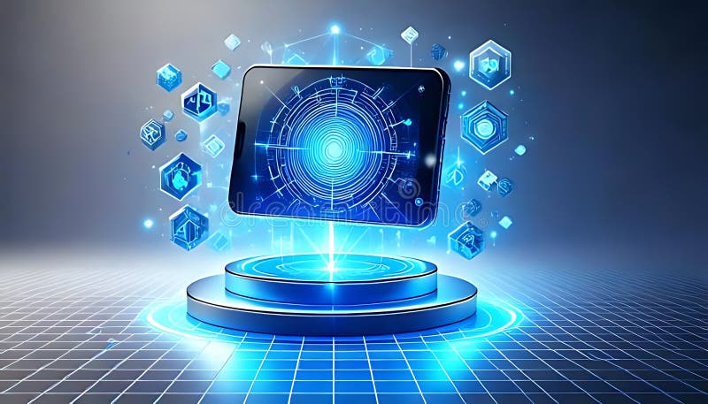 A Digital Interface Illuminates with Blue, Glowing Elements Above Its ...