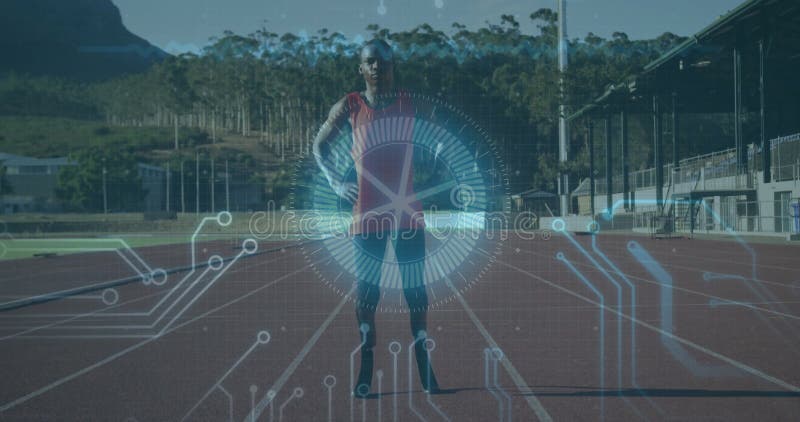 Digital Interface Image Over Athlete Standing on Running Track Stock ...