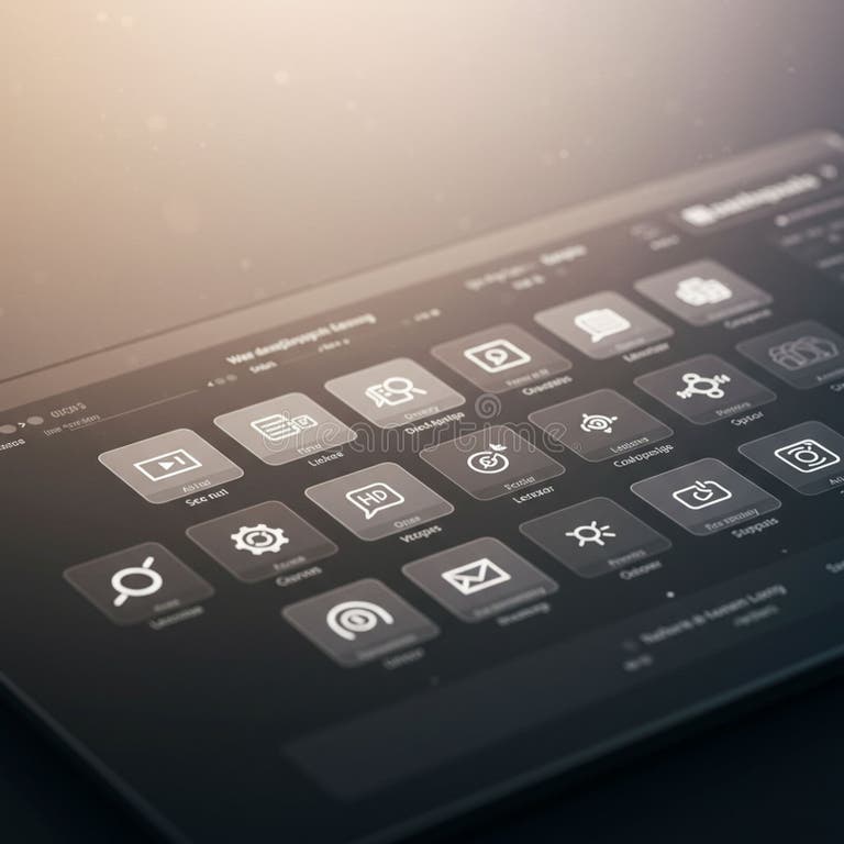 Digital Interface with Multiple Icons Displayed on a Dark, Sleek ...