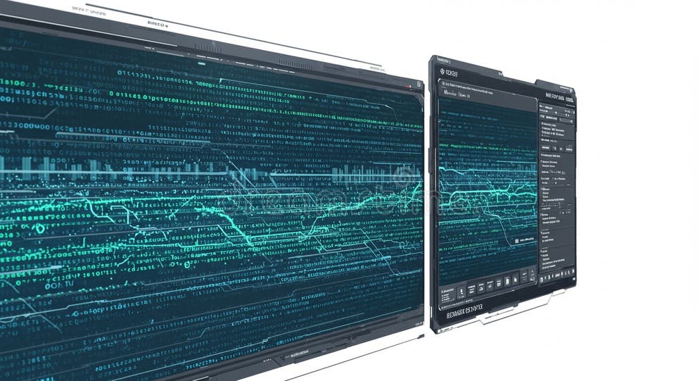 Digital Interface with Multiple Stacked Screens Displays Lines of Code ...