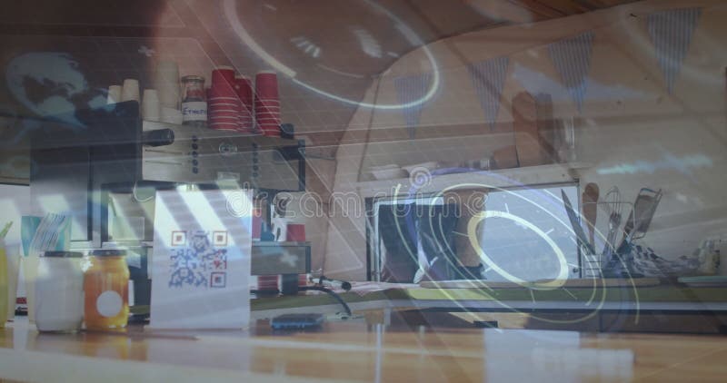 Digital Interface Overlay with QR Code on Coffee Shop Counter, Creating ...