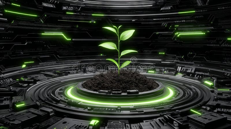 Digital Interface Overlays a Group of Young Plants in Soil, Symbolizing ...
