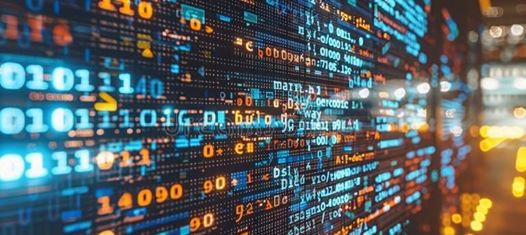 Digital Interface with Pixelated Data Stream, Glowing Binary Code, and Encryption Concept Stock ...