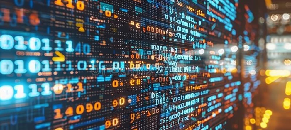 Digital Interface with Pixelated Data Stream, Glowing Binary Code, and Encryption Concept Stock ...