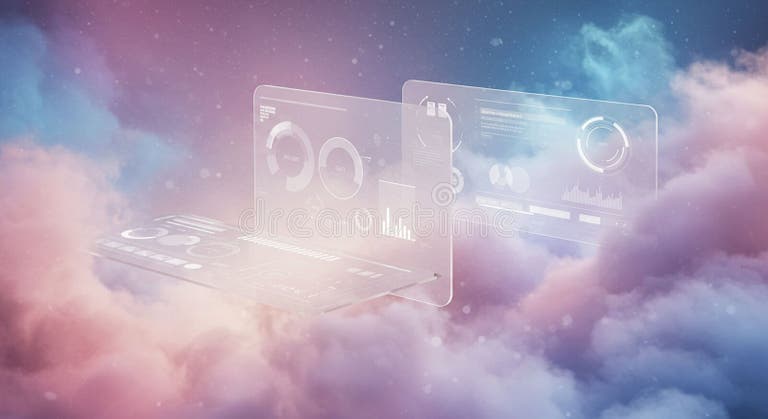 Digital Interface Screens Float in a Pastel-colored Cloudscape, Creating a Futuristic an Stock ...