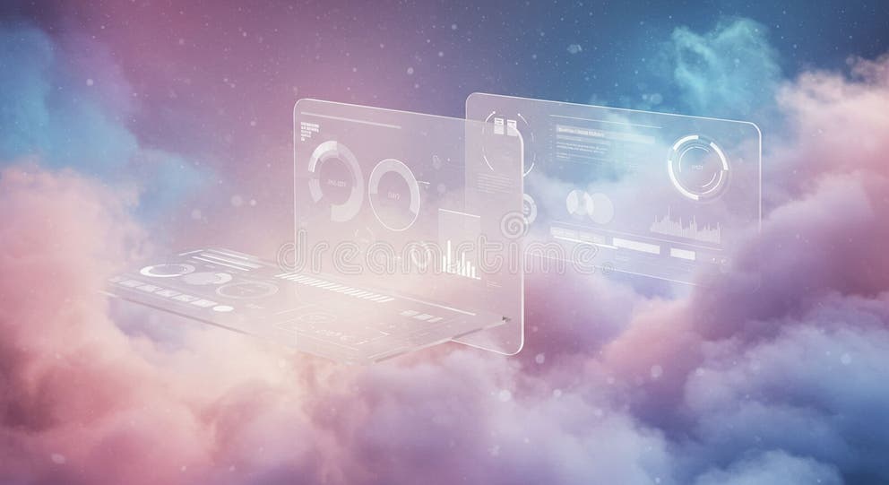 Digital Interface Screens Float in a Pastel-colored Cloudscape ...