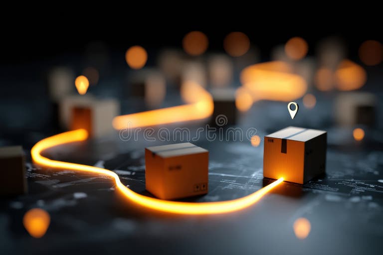 Shipment Tracking Progress Display Featuring a Glowing Path and Multiple Packages on a Digital ...