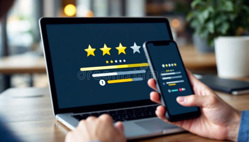 Customer Review and Star Rating on Laptop and Smartphone with Digital ...