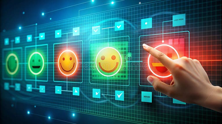 Digital Interface Displaying Smiley Faces and Ratings with a Finger ...
