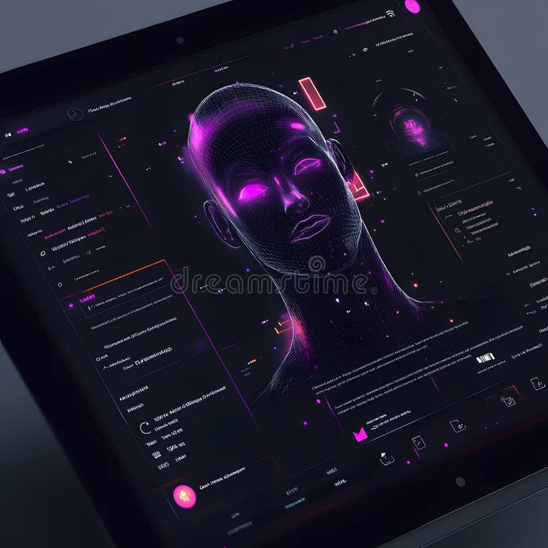 Digital Interface Showing Abstract Head and Code on Tablet Screen Stock ...
