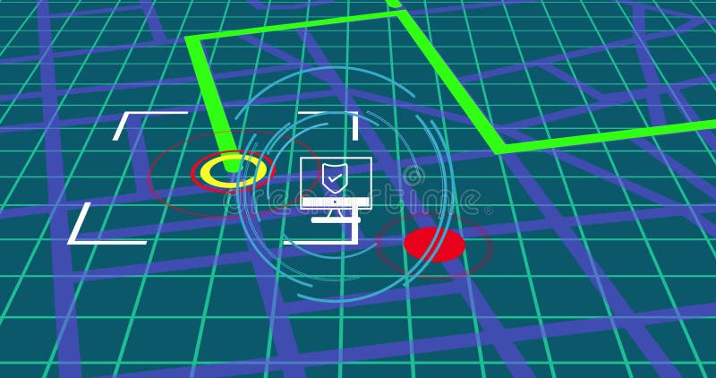 Digital Interface Showing Computer Icon with Security Symbols on a Grid ...