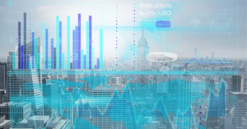 Digital Interface with Statistical Data Processing Against Aerial View of Cityscape Stock ...