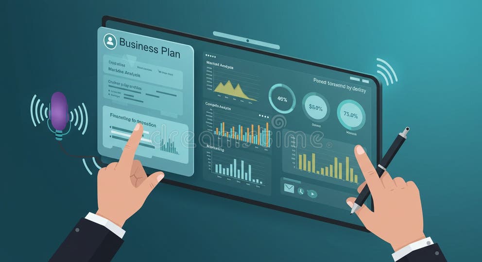 A Digital Interface with a Transparent Screen Displays a Business Plan ...