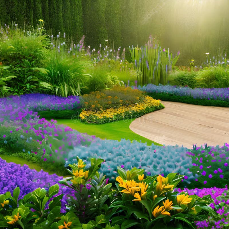 A Digital Interpretation of a Garden, with Blooming Flowers and Plants ...