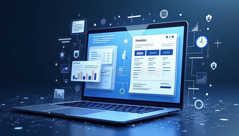 Digital Invoice on Laptop. Modern Tech Design. Financial Data Displayed ... Digital Invoice on Laptop. Modern Tech Design. Financial Data Displayed ...