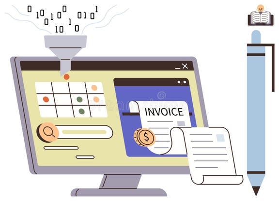 Digital Invoice Processing with Data Input Funnel and Flat-Style Office ...