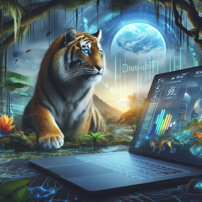 Digital Jungle in Future with Animals Stock Illustration - Illustration ...