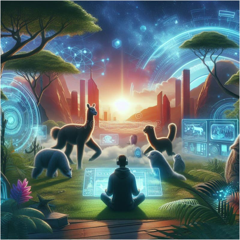 Digital Jungle in Future with Animals Stock Illustration - Illustration ...