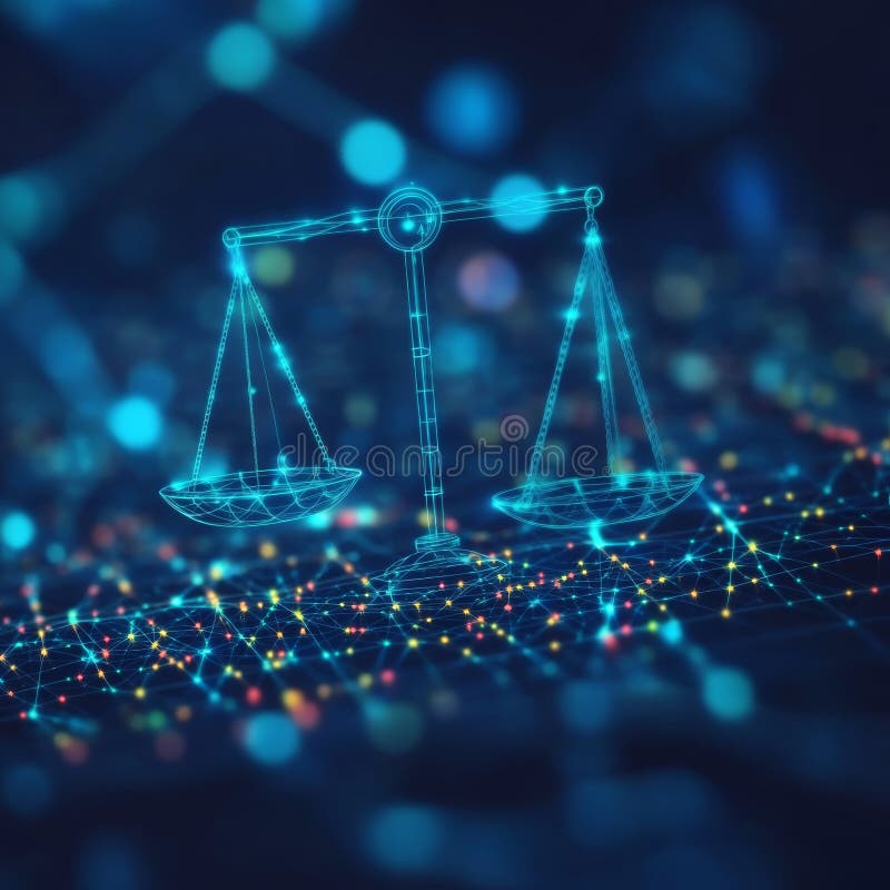 Digital Justice. Abstract Scales of Justice on Blue Background with ...