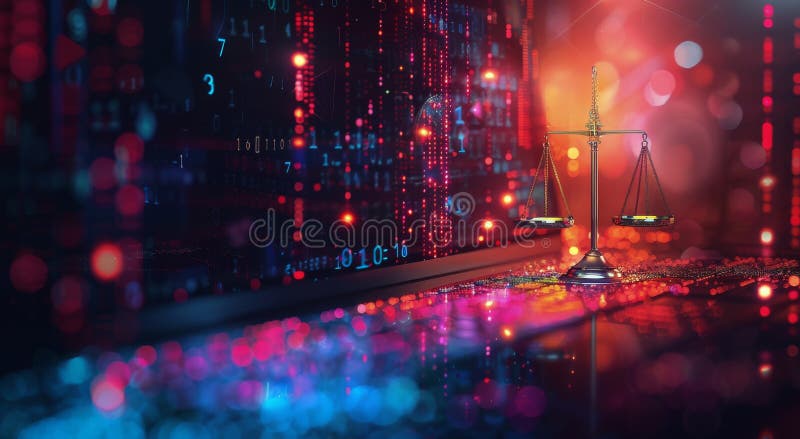 Digital Justice: Scales of Justice on a Computer Screen with Binary ...