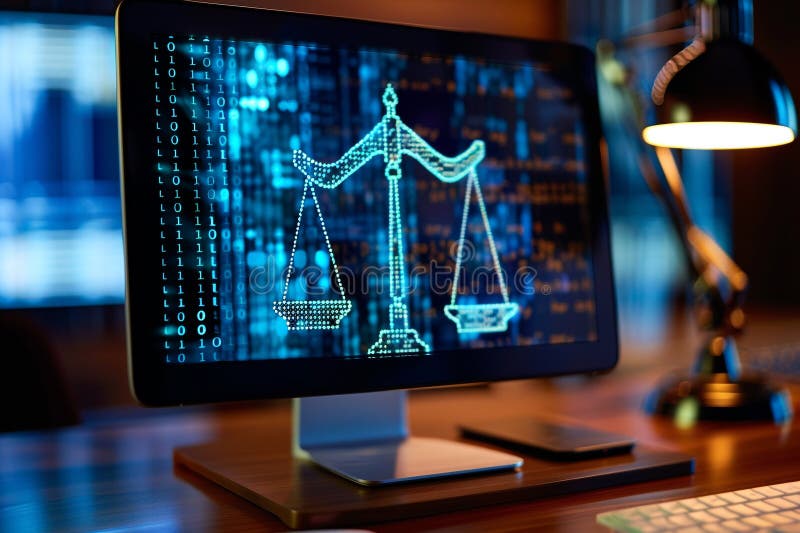 Digital Justice Scales of Justice on a Computer Screen Stock ...