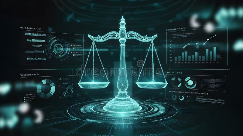 Digital Justice Scales of Justice with Futuristic Data and Charts Stock ...