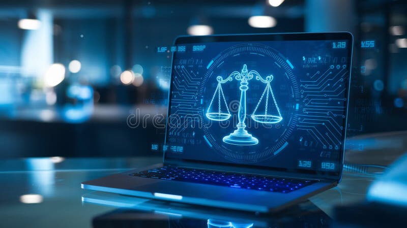 Digital Justice Scales of Justice on Laptop Screen Stock Illustration ...