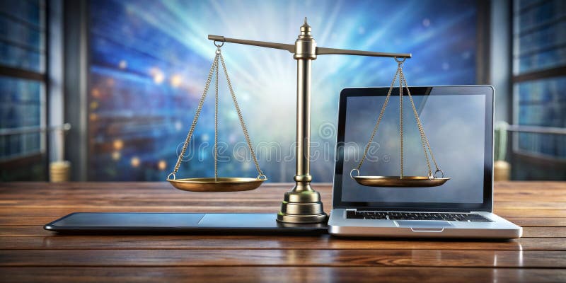 Digital Justice Scales on Laptop and Table Stock Illustration ...