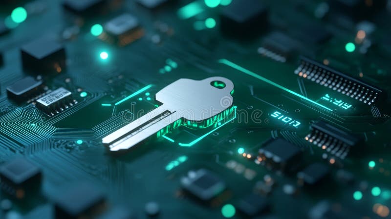 Digital Key on Circuit Board Symbolizes Cybersecurity Stock ...