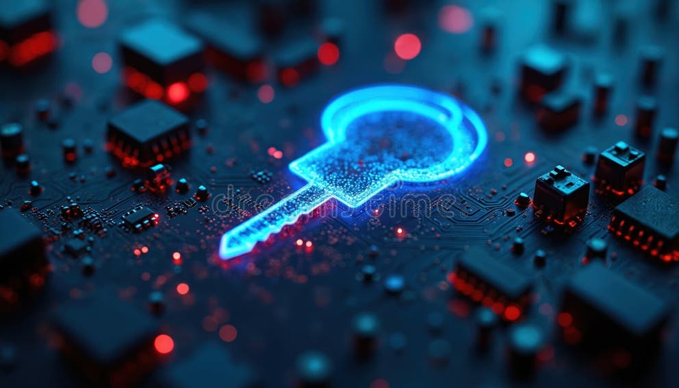 Digital Key Glowing on Circuit Board. Cyber Security Concept with ...