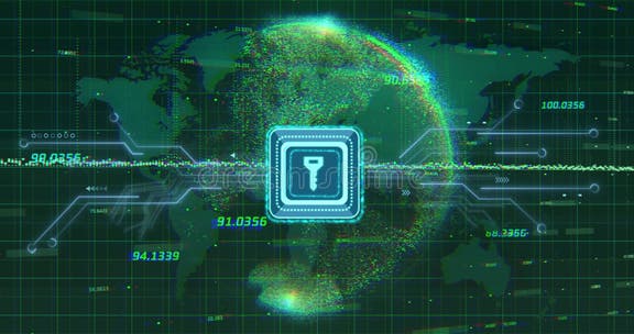 Digital Key Icon and Data Encryption Image Over World Map and Globe Stock Illustration ...