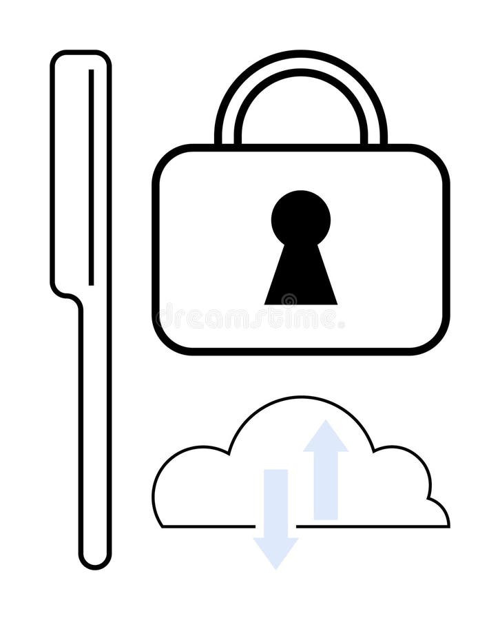 Cloud Data Security Digital Key, Padlock, and Cloud with Arrows Representing Data Transfer Stock ...
