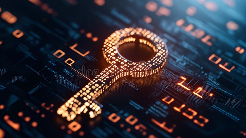 Digital Key Symbol Illuminated With Binary Code Representing Security 9648