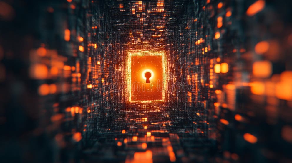 Digital Keyhole within a Glowing Orange Data Tunnel Stock Illustration ...